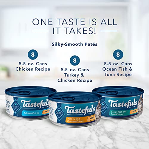 Blue Buffalo Tastefuls Natural Pate Wet Cat Food Variety Pack, Chicken, Turkey & Chicken and Ocean Fish & Tuna 5.5-oz Cans (24 Count - 8 of Each)