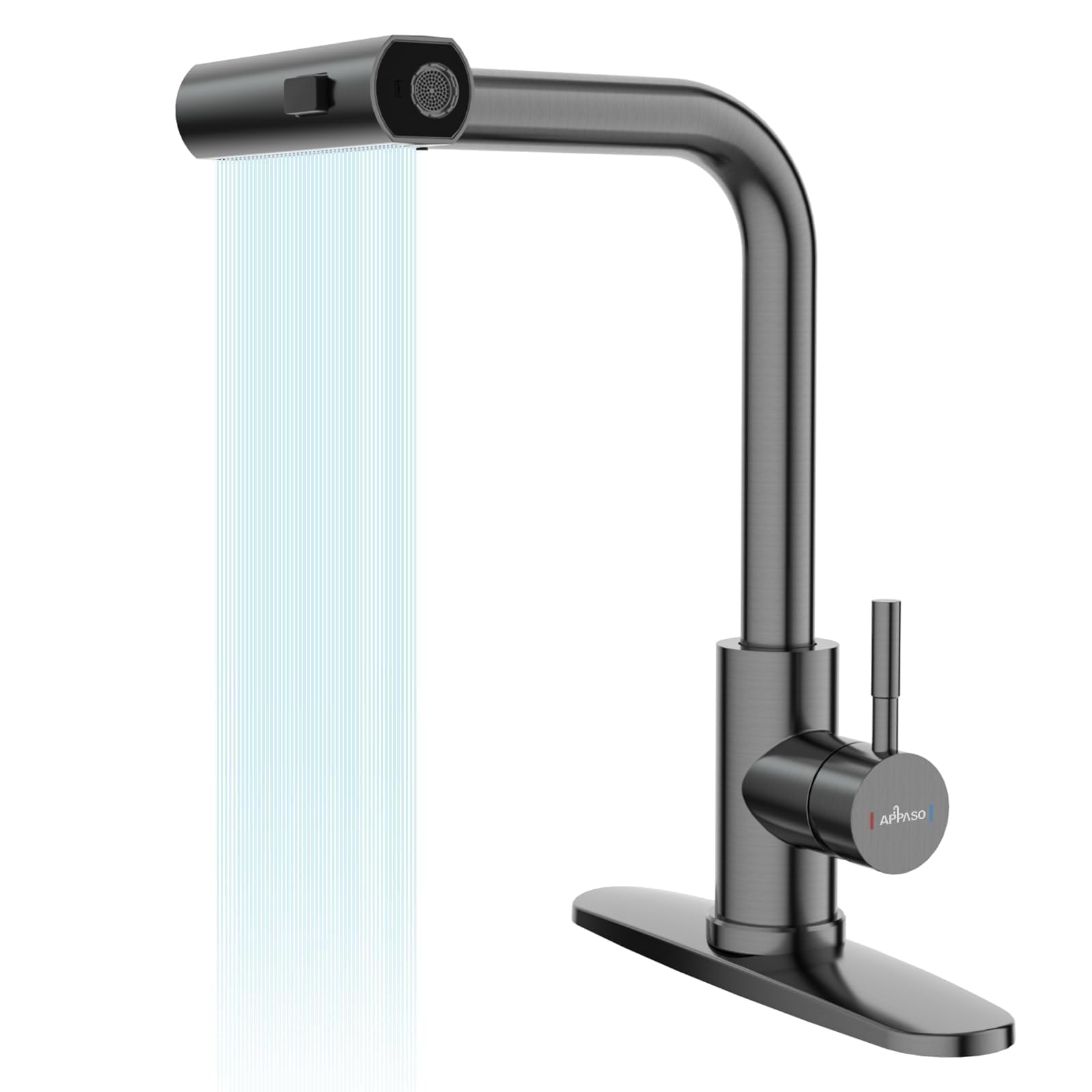 APPASO Waterfall Kitchen Faucet with Pull Down Sprayer, Black Stainless Kitchen Faucet with Sprayer 3 Modes, Gunmetal Gray Stainless Steel 360° Swivel Kitchen Sink Faucet, Single Handle Kitchen Faucet