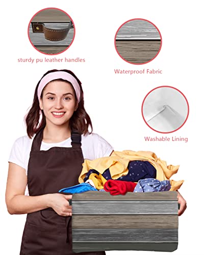 Beige Grey Ombre Storage Bins 1 Pack, Large Waterproof Storage Baskets for Shelves Closet, Brown Farmhouse Retro Wooden Striped Storage Basket Foldable Storage Box Cube Storage Organizer with Handles