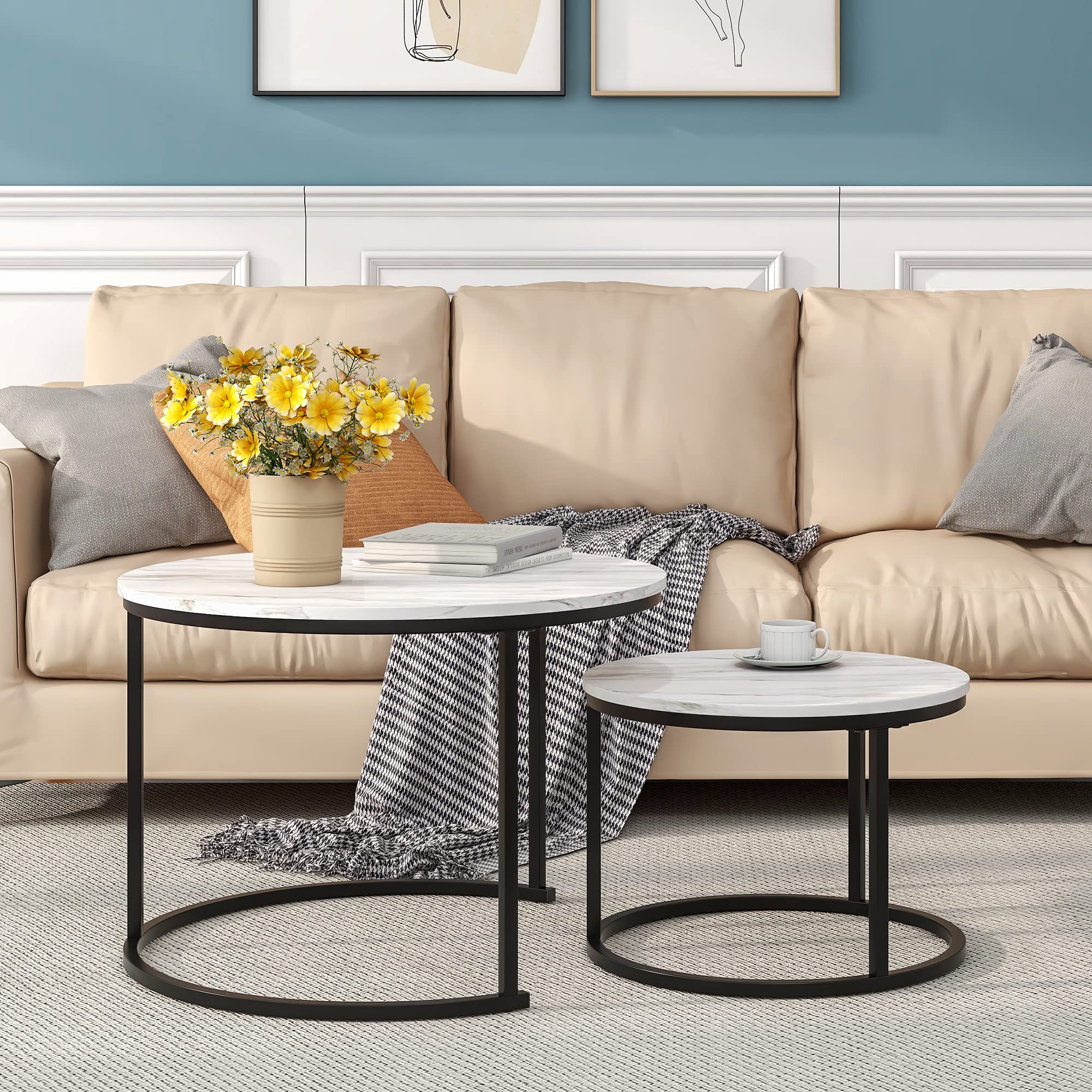 HOJINLINERO Nesting Round Coffee Table Set of 2 End Tables for Living Room,Circular and Marble Coffee Table Wooden Accent Furniture with Metal Frame,Stacking Side Tables,Black