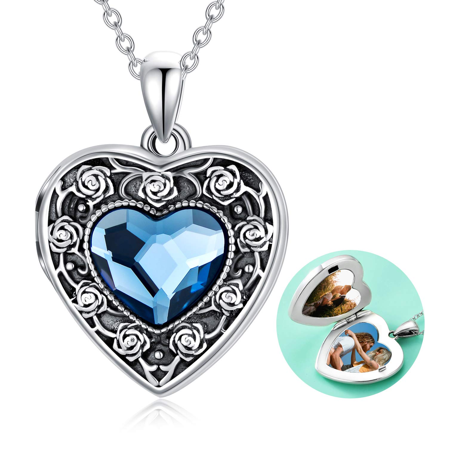 AOBOCO Heart Locket Necklace That Holds Pictures Sterling Silver Flower Lockets Jewelry for Women - Always in My Heart