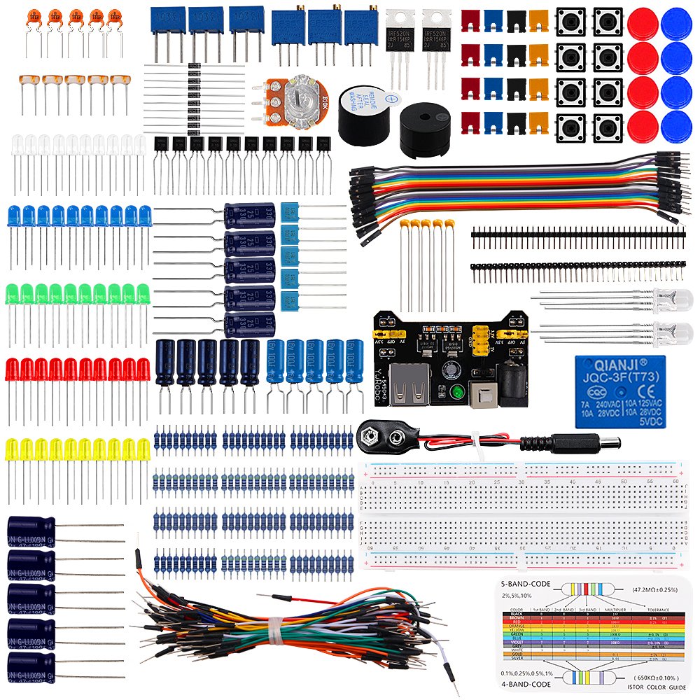 Keywishbot Electronics Basic Component Starter Kit w/Breadboard,Jumper Wires,Color Led,Resistors,Capacitor,Buzzer for Arduino Development Board R3 Mega2560 Mega328 Nano