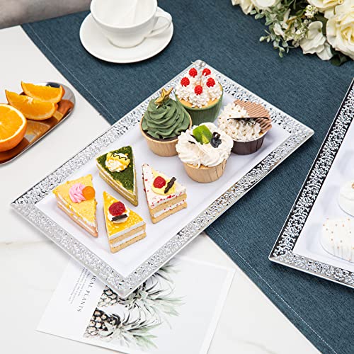 BBG 12Pcs Plastic Silver Serving Trays and Platters Set, 13.77 * 8.46β White with Silver Lace Design, Rectangular Plastic Food Platters, Disposable Serving Tray for Party Weddings Reception Buffet