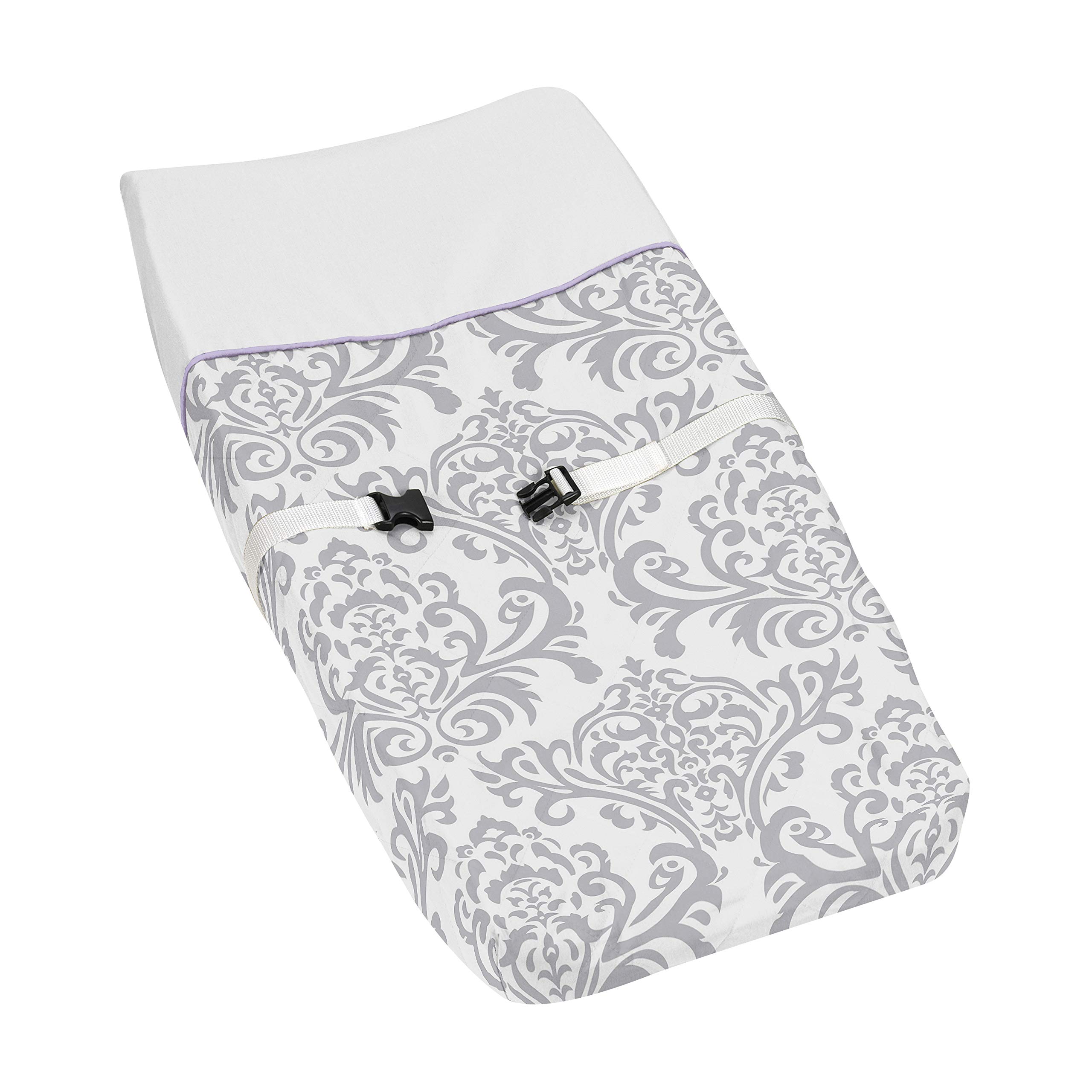 Lavender, Gray and White Damask Print Elizabeth Baby Changing Pad Cover for Girl Bedding Sets
