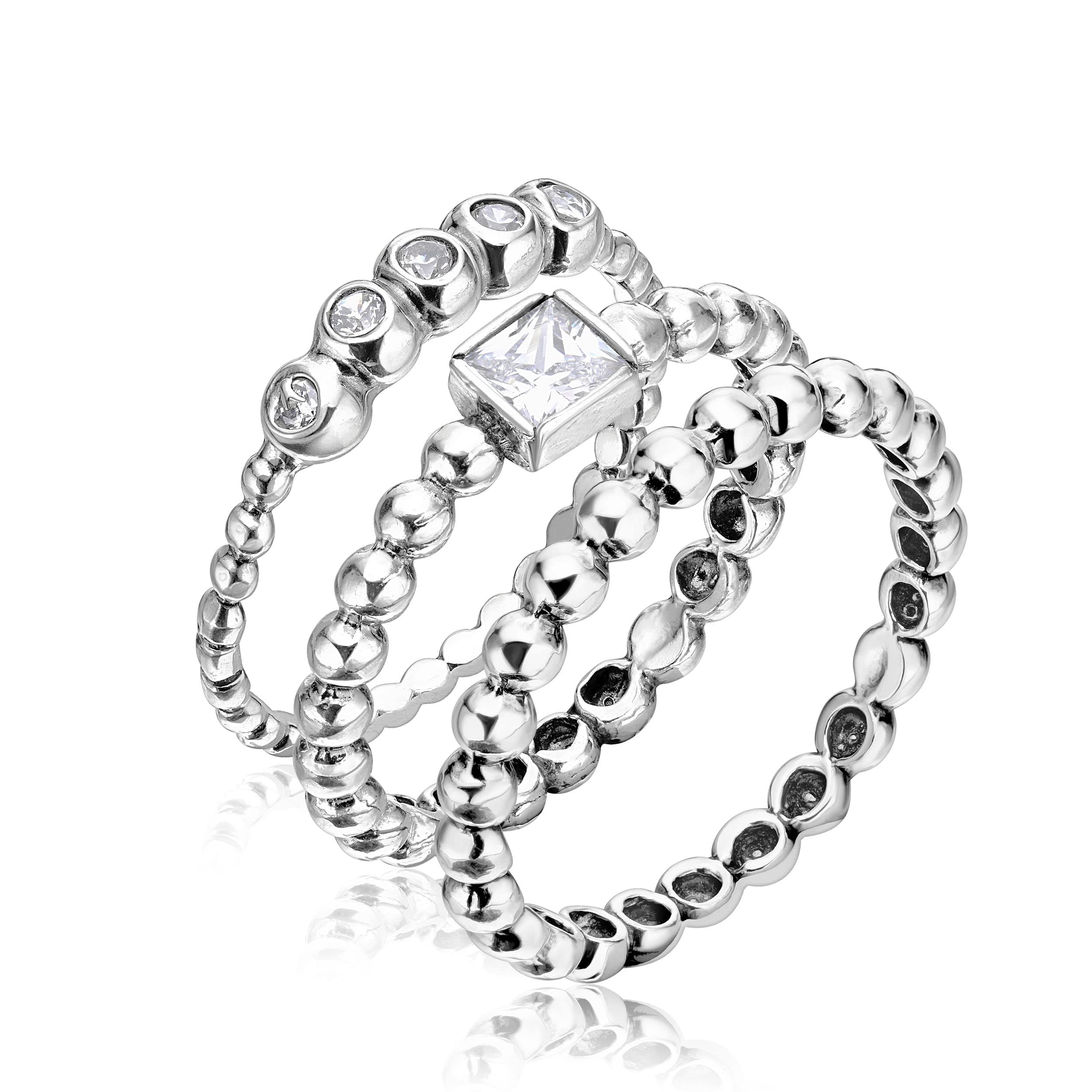 925 Sterling Silver Stack Ring With 1 White Square 5 White Round Cubic Zirconia 3-Set Rings Stackable Hypoallergenic Nickel and Lead-free Artisan Handcrafted Designer collection, Made In Israel