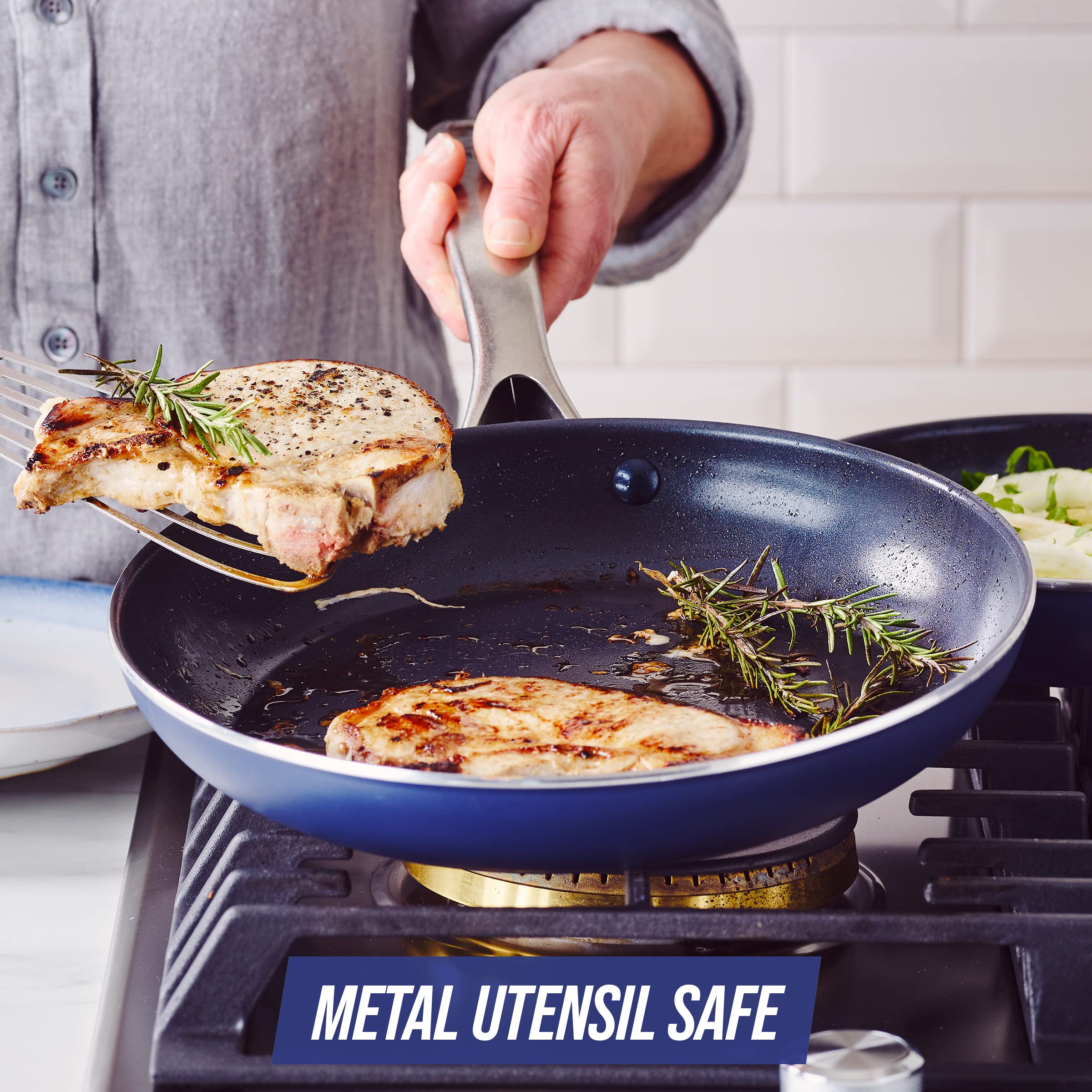 Blue Diamond Cookware Diamond Infused Ceramic Nonstick 12" Frying Pan Skillet with Lid, PFAS-Free, Dishwasher Safe, Oven Safe, Blue & Cookware Healthy Ceramic Nonstick Mini Egg Pan, Blue