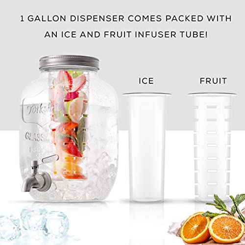 JoyJolt 1-Gallon Drink Dispenser. Glass Beverage Dispenser with Spigot plus Ice Cylinder and Fruit Infuser! Water Dispenser, Lemonade Stand, Punch Bowl, Juice Container - Drink Dispensers for Parties
