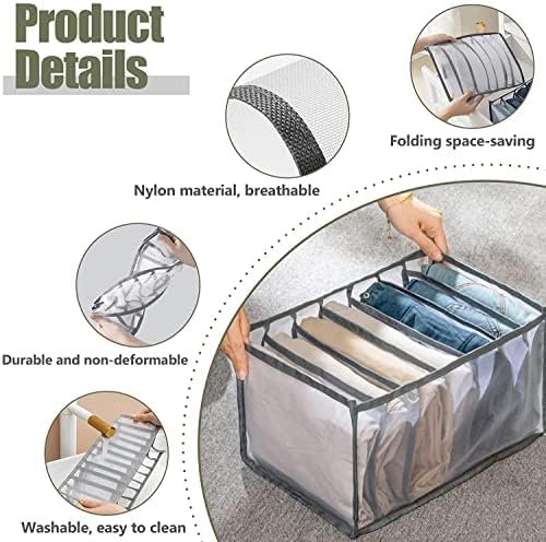 DacDark Wardrobe Clothes Organizer, 7 Grids Jeans Compartment Storage Box Closet, Folding Drawer For Clothing Mesh Separation, Transparent Divider For Stacking Pants Organizer Leggings