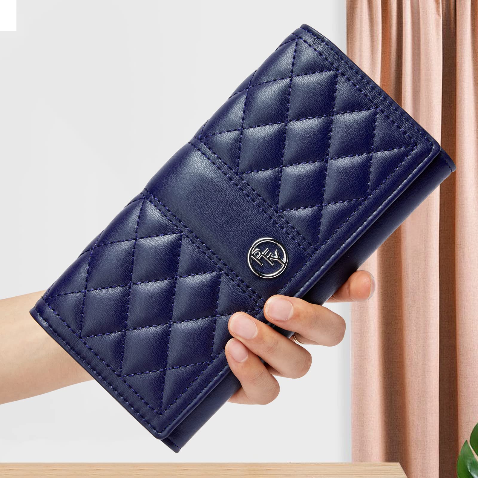 Felomdep Womens Wallet Medium Size Trifold Rfid Blocking Soft PU Leather Large Capacity Long Blue Shopping Wallet For Lady Travel Document Accessories Holder For Passport,Credit Card,Vaccine Card etc