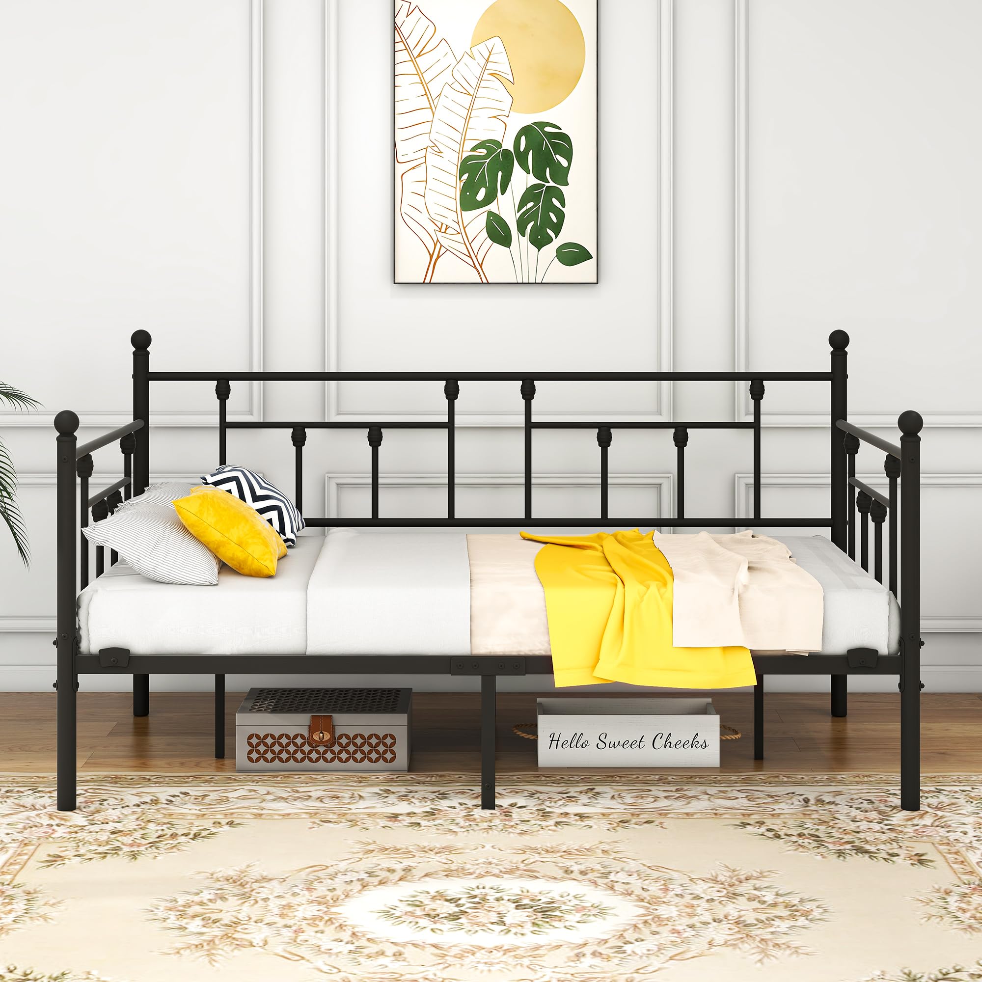 HAHRIR Metal Daybed Frame Set Premium Steel Slat Support Daybed，Multifunctional Mattress Foundation/Twin Day Bed Sofa(Black)