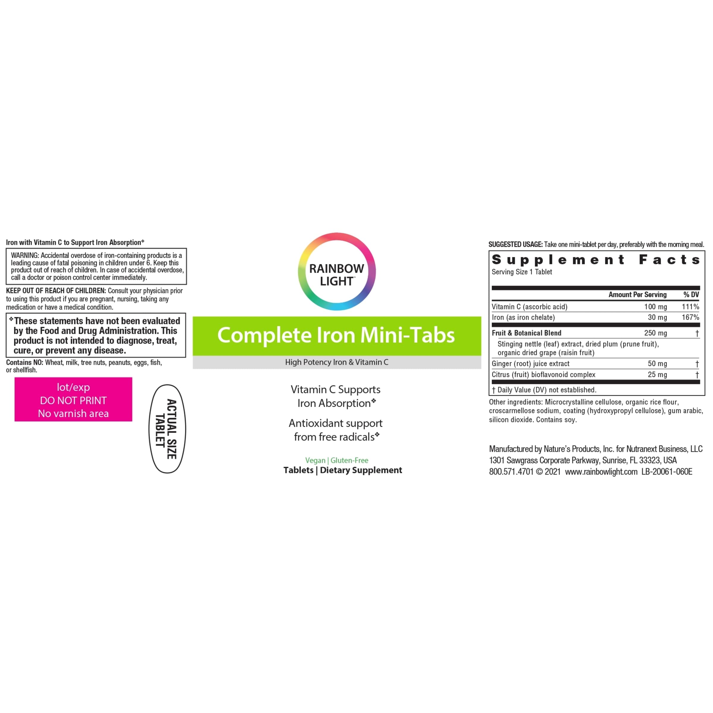 Rainbow Light - Complete Iron Mini-Tabs, Gently Encourages Healthy Iron Levels by Promoting Iron Absorption with Ferractiv Iron, Vitamin C and Ginger, Vegan, Gluten-Free, Non-Constipating, 60 Tablets