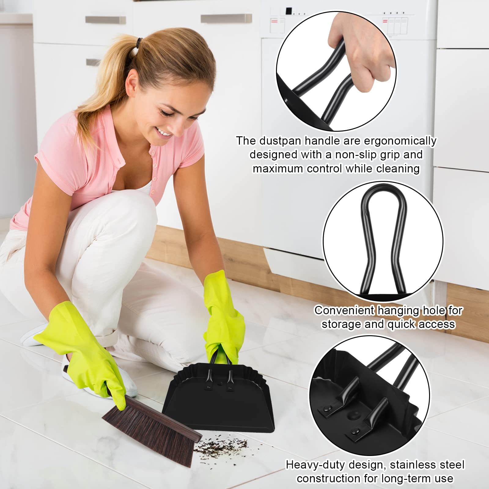 Heavy Duty Black Metal Dust Pan -Handheld Dustpan with Handle, Stainless Steel Large Dustpans with Wide Lip Industrial Dust Pans Precision Edge Small Dustpan for Home/Comfort/Hanging