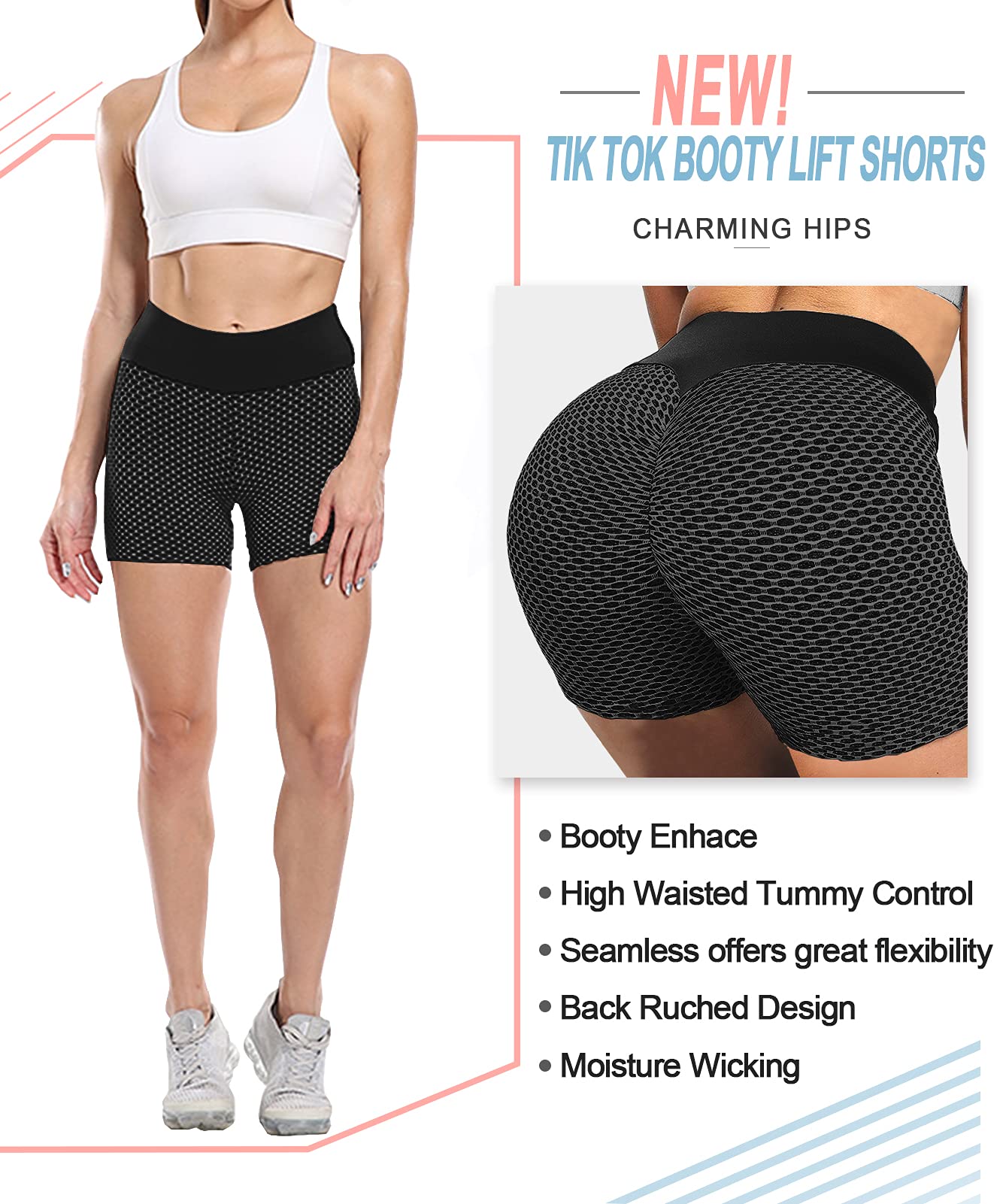 AIMILIA Women Tiktok Booty Shorts Butt Lifting High Waist Tummy Control Workout Running Gym Textured Ruched Shorts Black