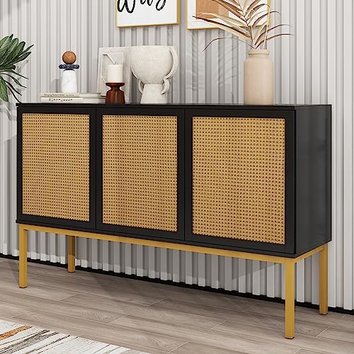 Bellemave Rattan Cabinet Sideboard Buffet Cabinet with Storage Kitchen Storage Cabinets with Rattan Doors Accent Cabinet Credenza for Living Room Dining Room Entryway, Black