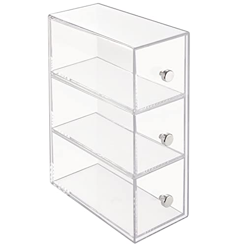 mDesign Plastic Kitchen Pantry Stackable Storage Organizer Container Station with 3 Drawers for Cabinet, Countertop, Holds Coffee, Tea, Sugar Packets, Creamers - Lumiere Collection - Clear