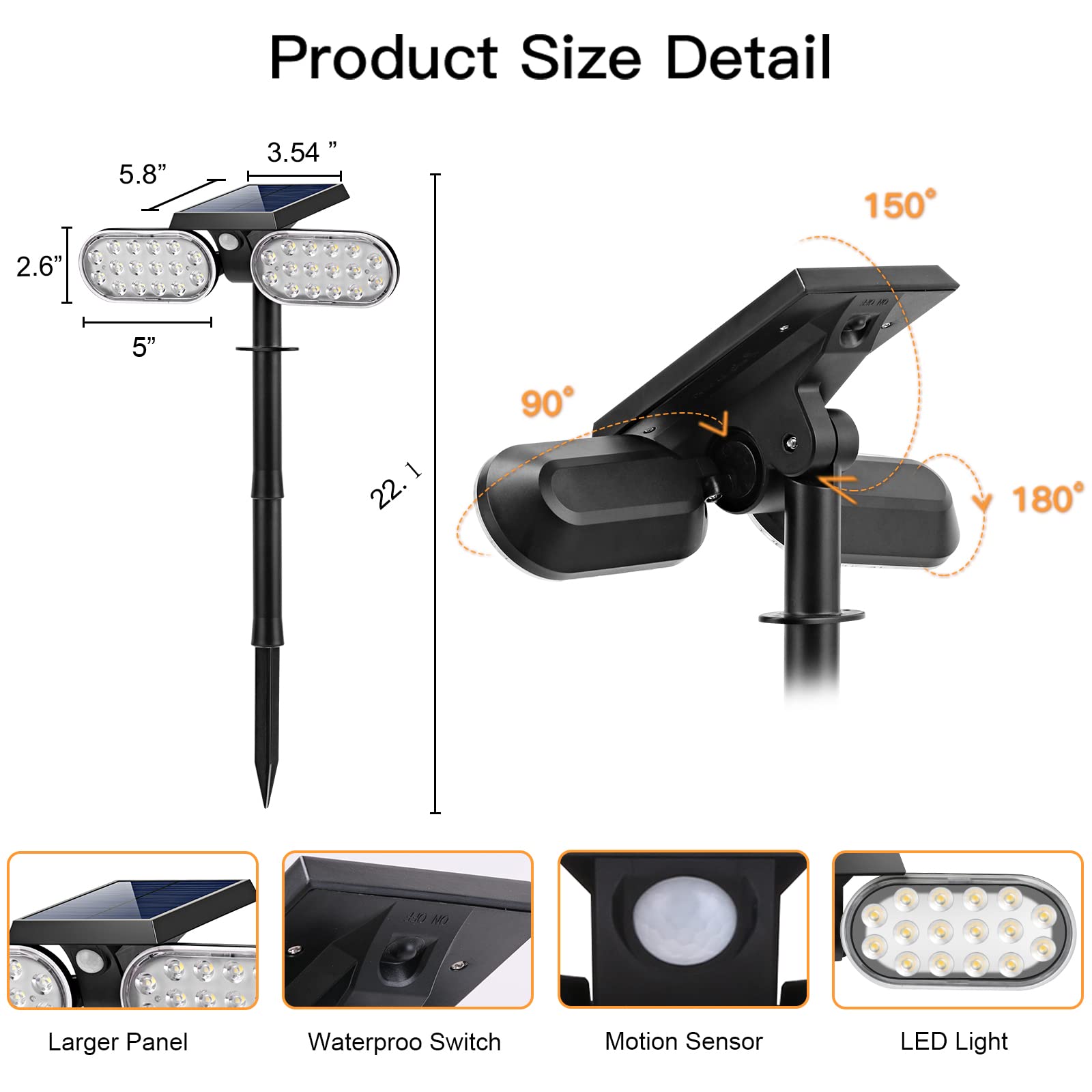 EMANER Motion Solar Lights Outdoor, Solar Floodlight, Stay On or Motion Sensor Mode, Dusk to Dawn Security Light, Landscape Spotlights for Garage Fence Driveway Solar Powered, 2-Pack