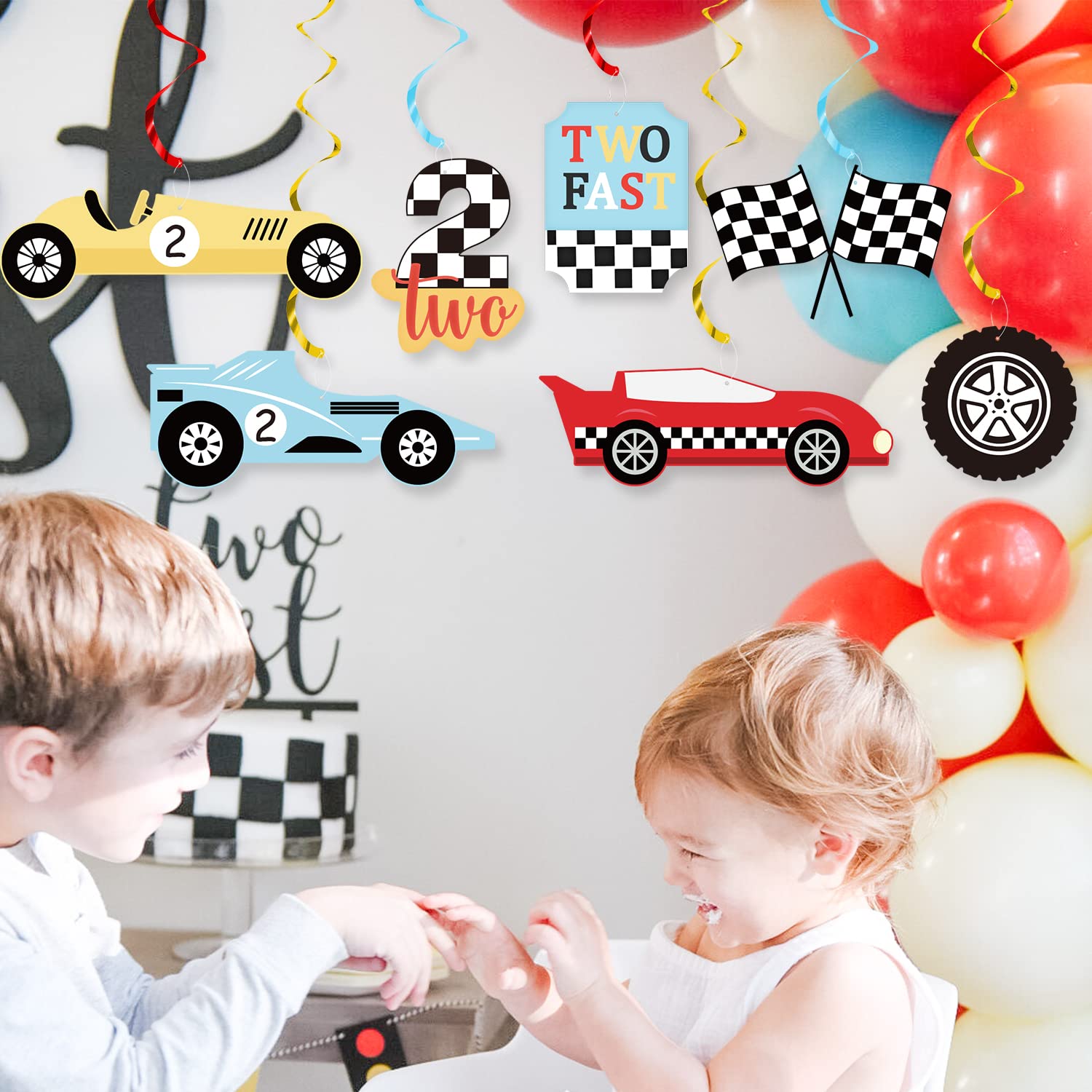 K KUMEED Race Car Two Fast Party Hanging Swirls Checkered Flags Racing Birthday Party Foil Ceiling Decorations for Kids Boys Men Racing Theme 2nd Birthday Party