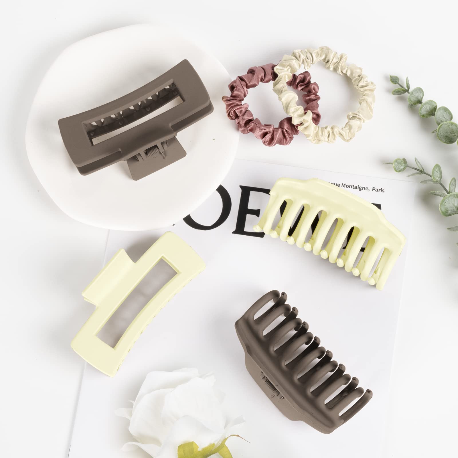 Amazer Hair Clips, Claw Clips for Thick Hair, Big Women Long 4 Pack Neutral Matte and Extra 2 Scrunchies Suitable All Hairstyle