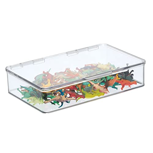mDesign Plastic Stackable Rectangular Storage Container Bin with Hinged Lid for Organizing Kids Room, Play Room, Nursery; Holds Small Toys, Crayons, Puzzles - 4 Pack - Clear
