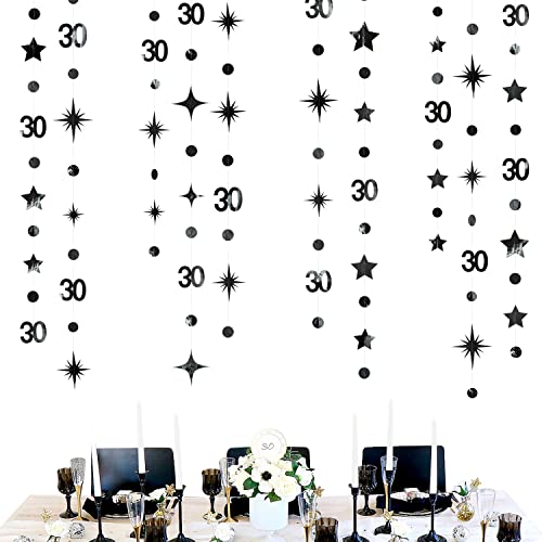 Black 30th Birthday Decorations Number 30 Circle Dot Twinkle Star Garland Metallic Hanging Streamer Bunting Banner Backdrop for Mens Womens Happy Dirty 30 Year Old Thirty Anniversary Party Supplies