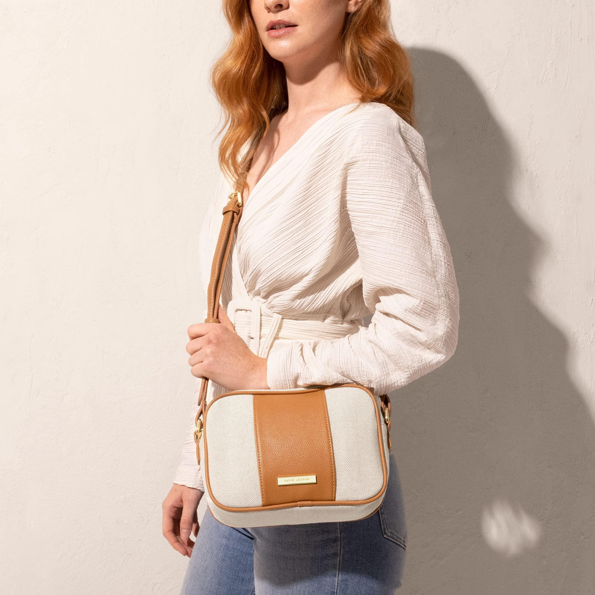 KATIE LOXTON Amalfi Womens Medium Canvas and Vegan Leather Adjustable Strap Crossbody Handbag Purse Cream and Brown