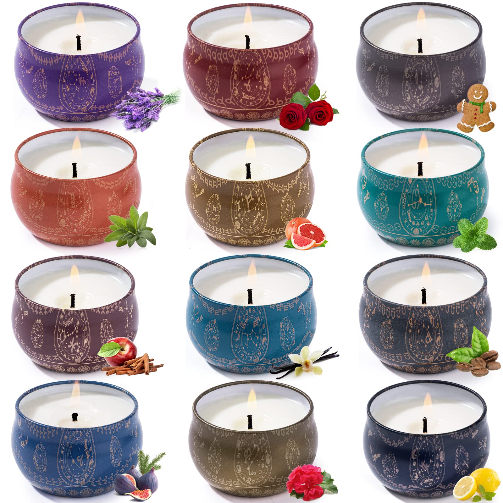 Scented Candles Gift Set for Women, Soy Wax 2.5 Oz Portable Travel Tin Candles, Candles Bulk with 12 Constellations for Aromatherapy and Home Decor, Gift for Birthday