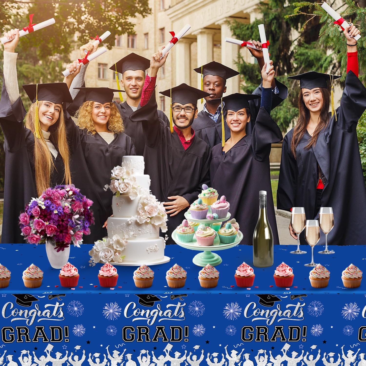 JVORFDG Graduation Party Decorations 2024 Congrats Grad Table Cover for Graduations Party Supplies 3pcs Blue Tablecloth 54 x 108 Inch