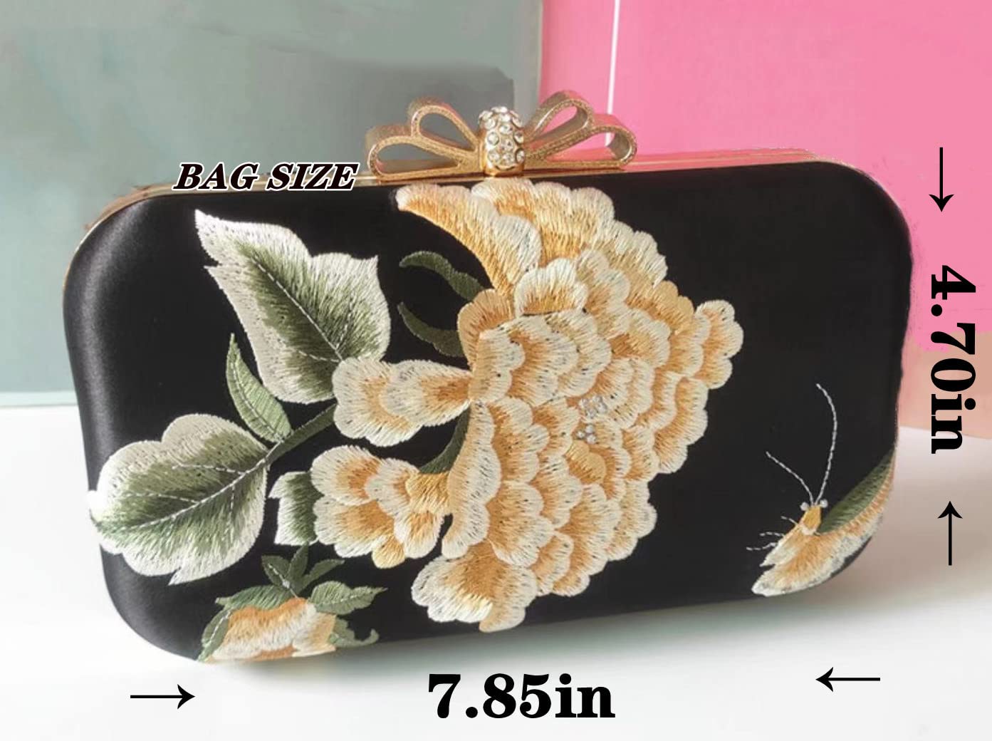 AININTON Women Embroidered Bag Silk Shoulder Bag Black Handbag Rectangle Crossbody Bag with Pearl Chain for Wedding Party Banquet