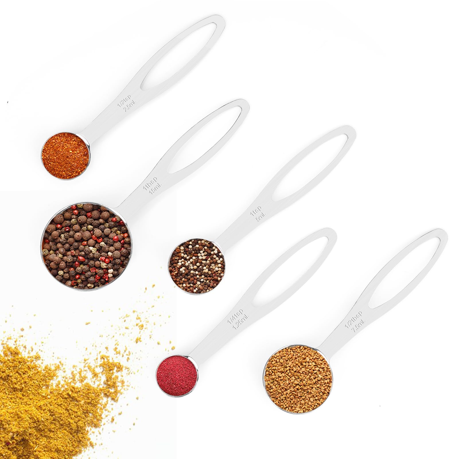 5pcs Measuring Spoon Set, Heavy Duty Stainless Steel Measuring Spoons for Cooking Baking, Tablespoon Teaspoon for Dry or Liquid Ingredients, Fits in Spice Jar, 1/4 1/2 1 tsp, 1/2 1 tbsp