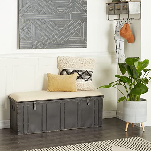 Deco 79 Farmhouse Metal Fabric Ottoman Storage Bench Tufted Footrest, Livingroom, Bedroom, Entryway, 48" L x 17" W x 19" H, Black