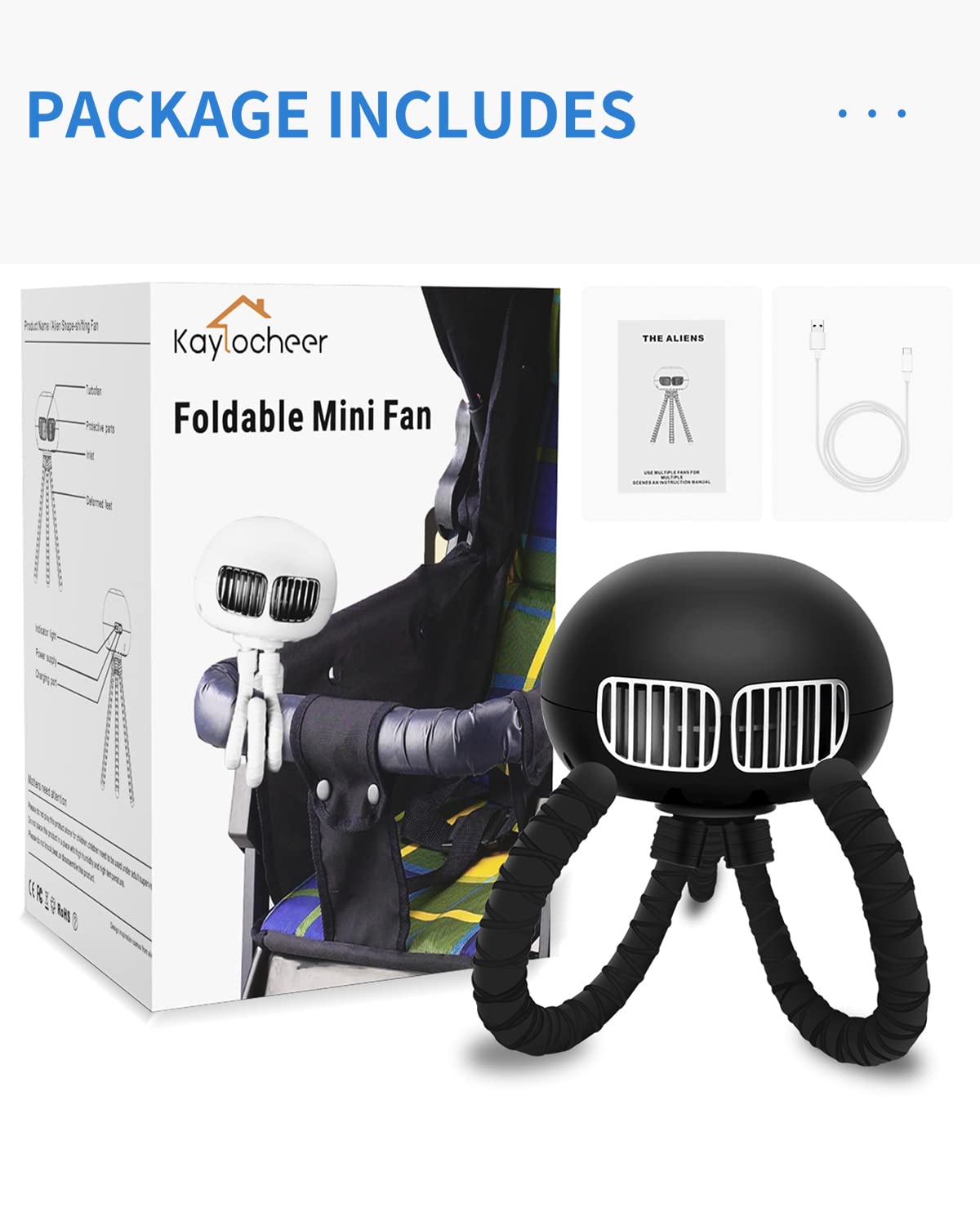 Kaylocheer USB Rechargeable Baby Stroller Fan with Strong Wind, 360-degree Rotation, Quiet Operation, Octopus Design, 3 Wind Speeds, Portable for Travel