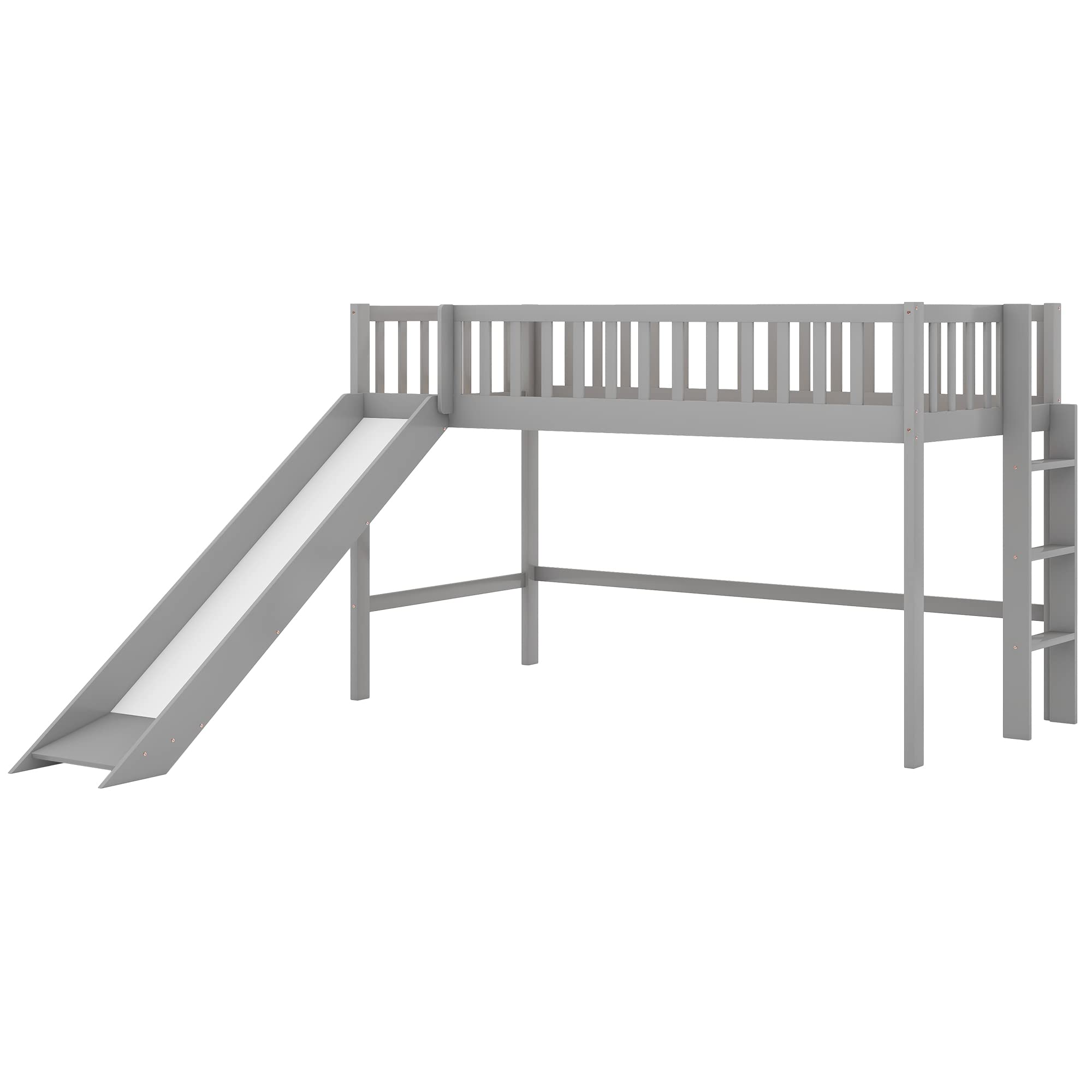 Bellemave Twin Size Low Loft Bed with Slide Wood Junior Loft Beds Frame with Ladder and Guardrails for Kids Boys Girls, Gray, Gray With Slide