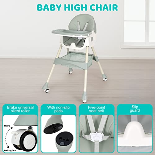 High Chair, MJKSARE Baby High Chair, High Chairs for Babies and Toddlers,Dining Tray & Backrest & Height Adjustable, Five-Point Safety Belt, Non-Slip Foot Pad, Foldable High Chair to Save Space