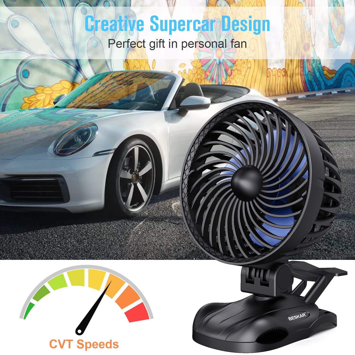 BESKAR Portable Clip on Fan - 6 inch Personal USB Fan with CVT Speeds, Adjustable Tilt, Quiet Operation Small Cooling Fan for Office Desk Dorm Bed Stroller -Supercar Clamp