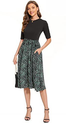 CISMARK Womens Half Sleeve Ribbed Midi Dress Modest Casual Work Dress with Pockets Black Print XL