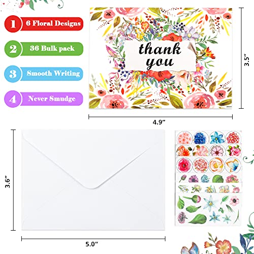 Thank You Cards with Envelopes, 36 Pack Floral Thank You Notes with 36 Envelopes 6 Sticker Sheets By Feela, Blank Inside Cards for Baby Bridal Shower Wedding Graduation