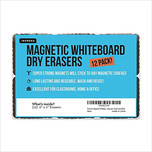 Impresa Mini Magnetic Dry Erase Erasers for Kids and Adults - 12 Pack - Whiteboard Erasers for School, Home, and Office - Classroom Supplies (2x2 Inches)
