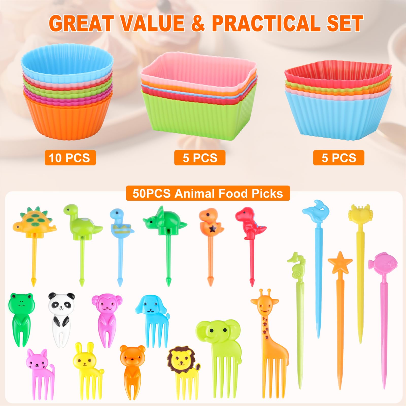 SEANSDA 70 Pcs Silicone Lunch Box Dividers Set, Thicked Silicone Cupcake Liners for Baking, Reusable Lunch Bento Box Accessories with Animal Food Picks for Kids (20 Cupcake Cup + 50 Picks)