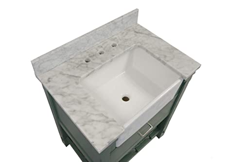 Charlotte 30-inch Bathroom Vanity (Carrara/Sage Green): Includes Sage Green Cabinet with Authentic Italian Carrara Marble Countertop and White Ceramic Farmhouse Apron Sink