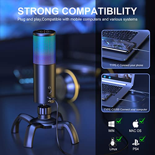 Aokeo USB Gaming Microphone, PC Computer Condenser Mic with Gain,RGB Light for Recording,Podcasting,Streaming,YouTube, Twitch,Skype,Compatible with PS5 PS4 Mac Laptop Desktop(Black)