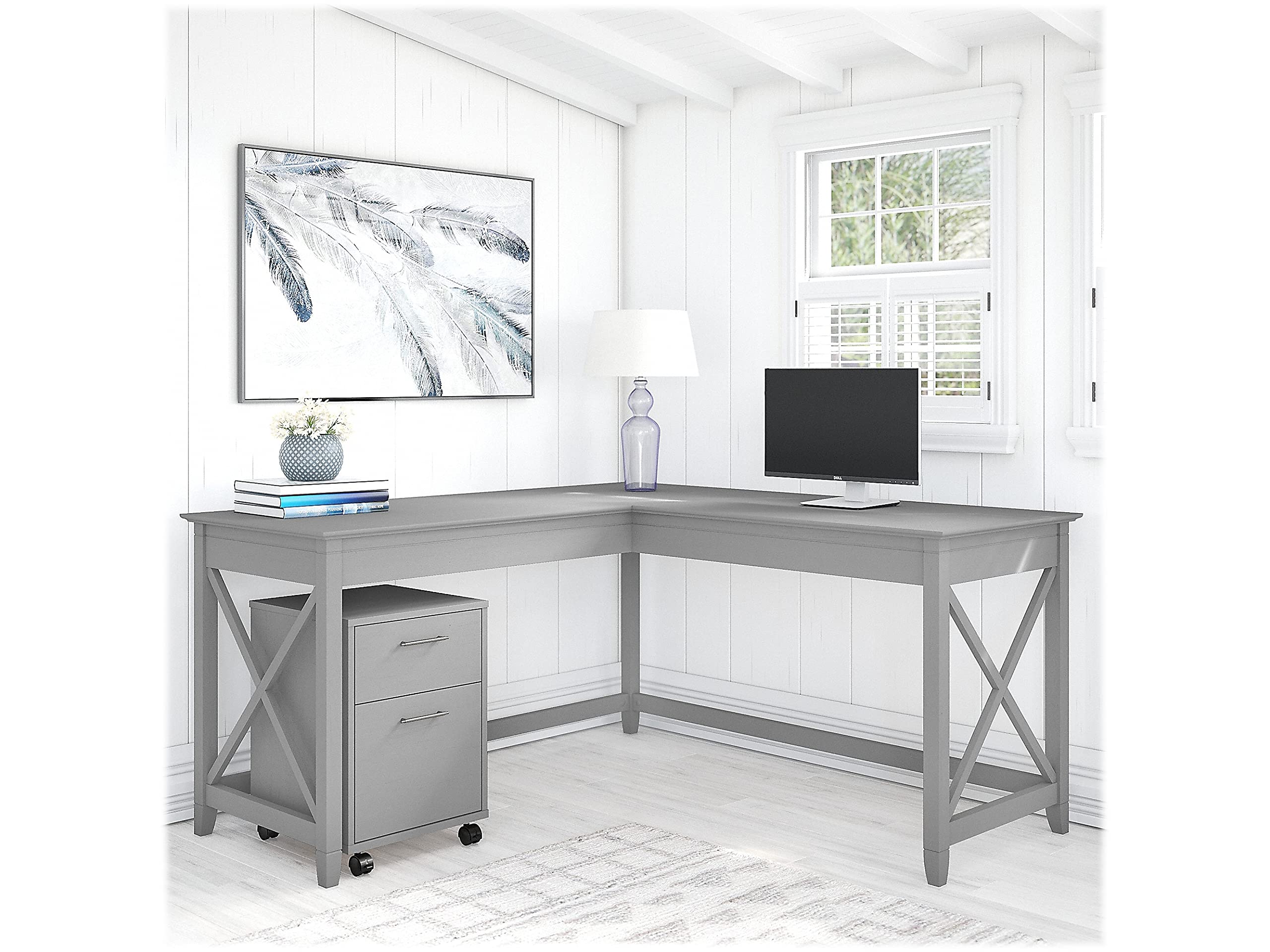 Bush Furniture Key West 60W L Shaped Desk with 2 Drawer Mobile File Cabinet in Cape Cod Gray
