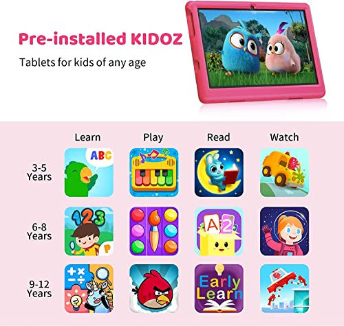 HiGrace Kids Tablet 10 inch - Android 12 Quad core Tablet for Kids (Ages 3-12), 5000mAh, 32GB ROM, Dual Camera, WiFi, Parental Control, Kid-Proof Case-Pink