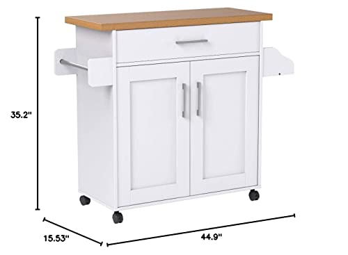 Hodedah Kitchen Island with Spice Rack, Towel Rack & Drawer, White with Beech Top, 15.5 x 35.5-44.9 x 35.2 inches