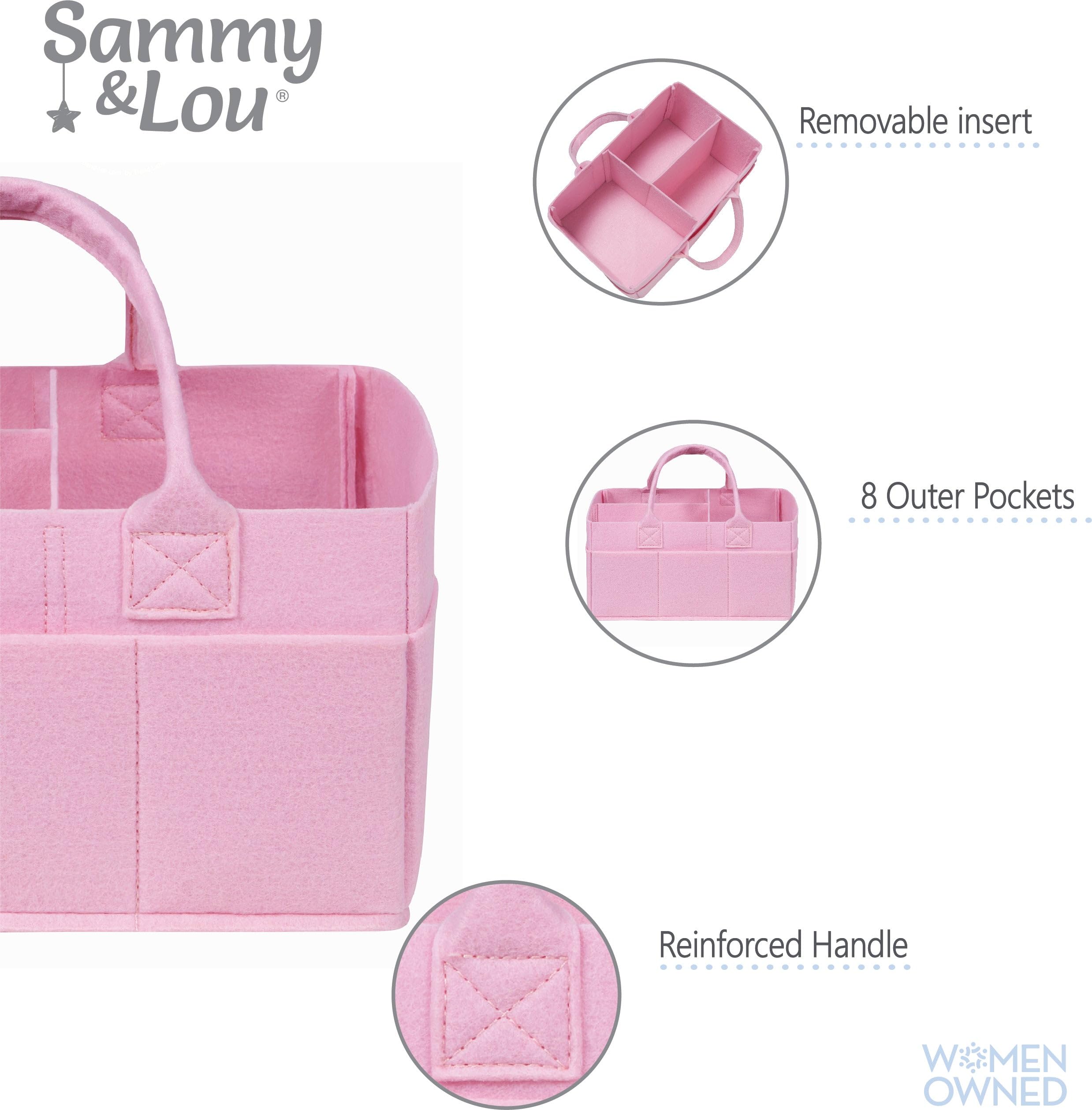 Sammy & Lou Diaper Caddy Organizer - Collapsible Tote Bag with Handles - Organizer for Diapers, Wipes & Baby Changing Supplies - Felt Storage Organizing Bin for Car, Desk, Nursery (Pink)