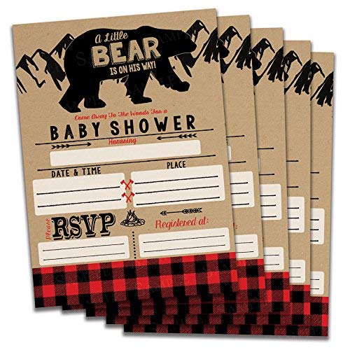 Fill in Baby Shower Invitations (Bear) Buffalo Plaid Theme