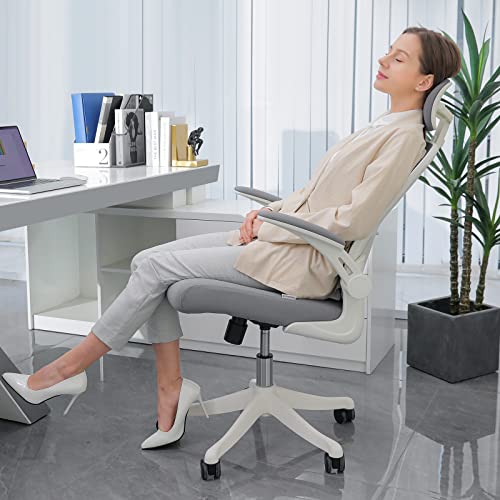 HOFFREE Ergonomic Office Chair High Back Executive Mesh Desk Chair with Adjustable Lumbar Support Headrest and Flip-up Armrest Swivel Task Chair for Home Office Chair Grey and White