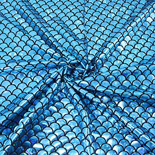 Mermaid Hologram Spandex Fabric Fish Scale Stretch Laser Knit Cloth 58" Wide Sold by The Yard (Blue)