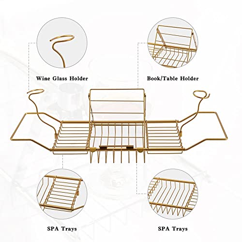 BDL Bathtub Caddy Tray Expandable Bath Tub Tray Table with Wine Holder, Free Soap Dish and Laptop Reading Rack, Bathtub Tray for Home(Bronze)