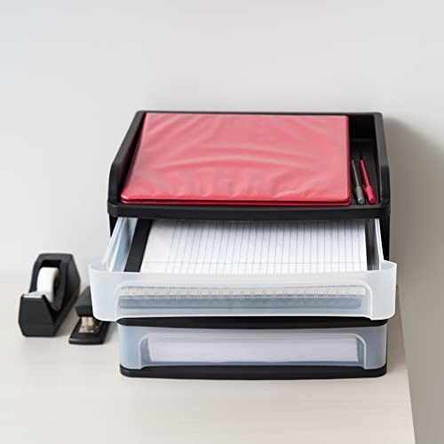 IRIS USA Medium 3-Drawer Desktop Organizer with Open Tray Top, 2 Pack, for Office, School, Stationary, Makeup Organizer, Bathroom, Utility, Medical Supplies, Desk Organizer, Versatile Storage, Black