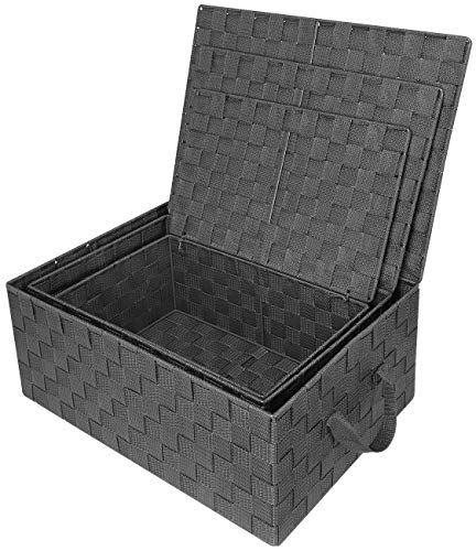Sorbus Storage Box Woven Basket Bin Container Tote Cube Organizer Set Stackable Storage Basket Woven Strap Shelf Organizer Built-In Carry Handles (Woven Lid Baskets - Gray)